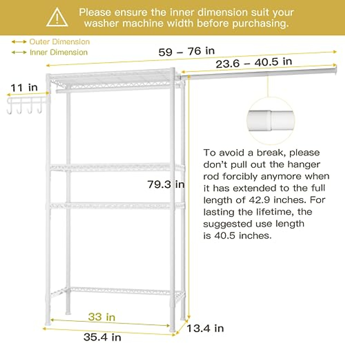Ulif U4 Over Washer and Dryer Storage Shelf, 2 Rows Laundry Room Space Saver with Mounted on The Wall Expandable Hanger Rod, Suit Space from 4.9-6.3 ft. Width, 13.4" Depth, 79.3" Height, White