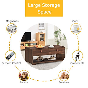 Tangkula Coffee Table with Drawers, Industrial Accent Cocktail Table with 2 Drawers & Open Storage Shelf, Wooden Rectangular Sofa Table for Living Room Home Office (Walnut)