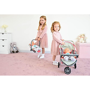 KOOKAMUNGA Baby Doll Stroller Travel System - Retractable Canopy, Feeding Tray, Soft Handle & Swivel Wheels - Pink Gray