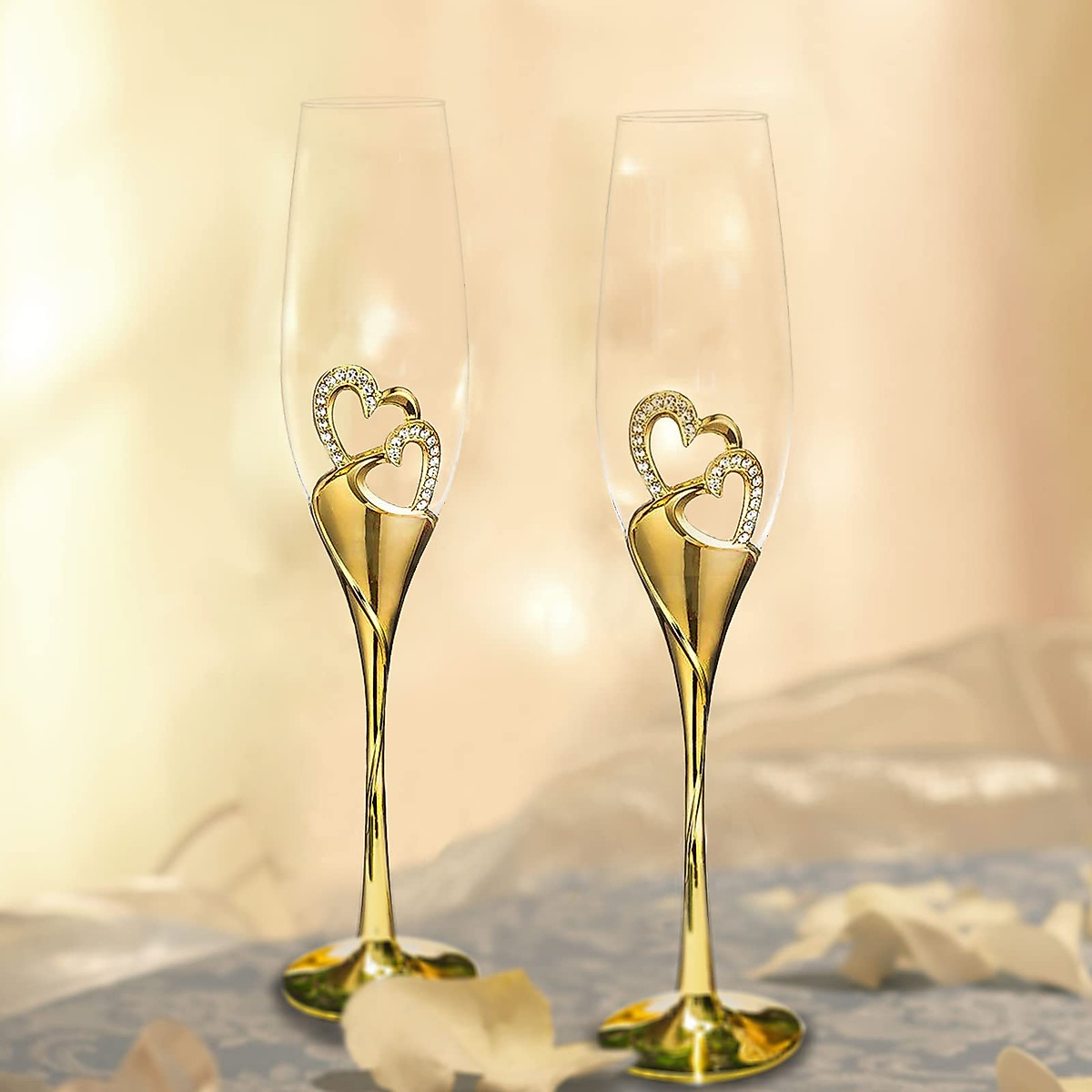 Wedding Champagne Glass Set Gold Toasting Flute Glasses Deluxe Pack of 2 with Rhinestone Rimmed Hearts Decoration for Wedding, Anniversary and Special Occasions