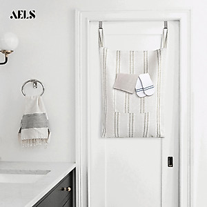 AELS Farmhouse Hanging Laundry Hamper with 2 Hooks, Boho Beige & Brown Stripes Linen Laundry Bag with Zipper & Wide Open Top, Over the Door Organizer for Dirty Clothes, Washable Space Saving Storage
