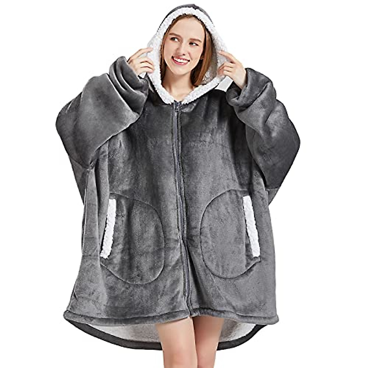 FAYBOX Wearable Blanket Hoodie with Zip for Women Men, Fuzzy Warm Sherpa Comfy Oversized Hoodie Blanket Plush Sweatshirt with Giant Pocket One Size Fits All-Dark Grey