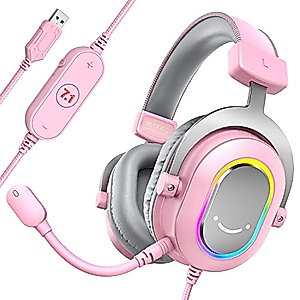 FIFINE PC Gaming Headset, USB Wired Headset with Microphone, 7.1 Surround Sound, in-Line Control, Computer RGB Over-Ear Headphones for PS4/PS5, for Streaming/Game Voice/Video-AmpliGame H6 (Pink)