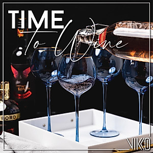 Vikko Wine Glasses, 17 Ounce Blue Wine Glass with Gold Rim, Set of 4 Stemmed Wine Glasses for Red and White Wine, Colored Wine Glasses, Glasses for Wine