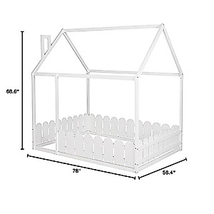 Merax Wooden House Bed with Fence-Shaped Guardrail Montessori Bed Frame for Kids, Toddlers, Girls, Boys (Full,White)