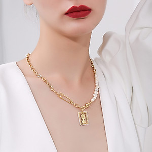 Womens Necklace Pearl necklace Pendant Necklace for Women Choker Half Pearl Half Chain Necklace with Baroque Irregular Freshwater Pearl T3-02