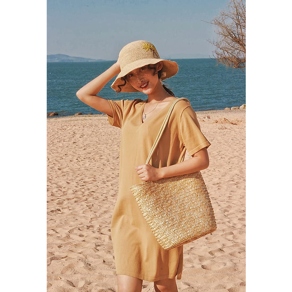 TONWHAR® Simple Elegant Straw Woven Beach Tote Bag Purse (Natural Color)