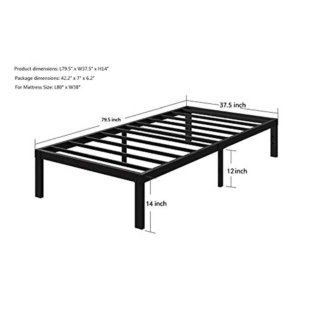 COMASACH XL Twin Bed Frame and 6 Pcs Non Slip Mattress Gaskets, No Box Spring Needed, 14 Inch Black Metal Platform Bed Frames, 2000Lb Heavy Duty Steel Slat Support, Noise Free Mattress Foundation