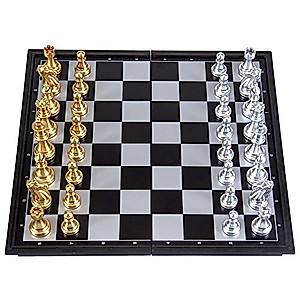 AMEROUS 10'' Magetic Travel Chess Set, Plastic Portable Folding Chess Board Game with Gold and Silver Chess Pieces - 2 Extra Queens - Storage Bag for Chessmen, Chess for Beginner, Kids, Adults