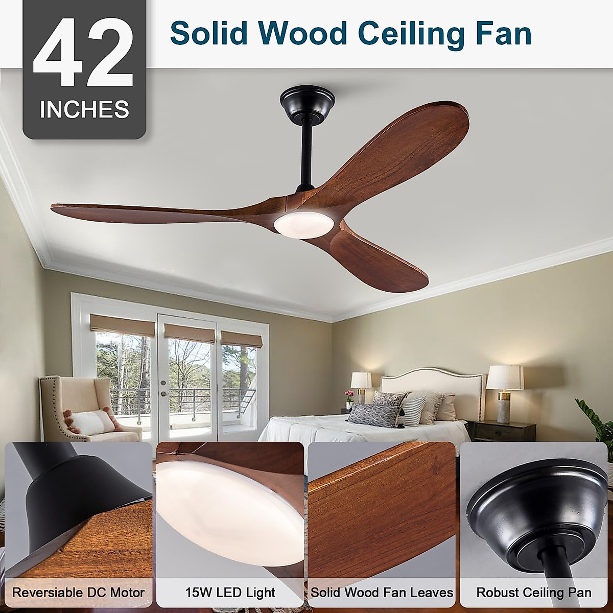 XBIBI 42 Inch Ceiling Fans with Lights and Remote,Wood Ceiling Fan with Lights,Modern Ceiling Fan Light with 3 Blade,6 Speed DC Motor Indoor Outdoor Ceiling Fan for Patio,Living Room,Bedroom
