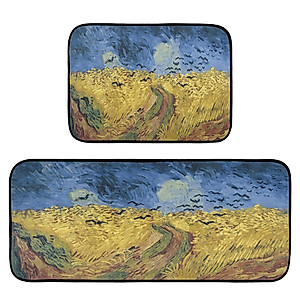 ALAZA Oil Painting Van Gogh 2 Piece Kitchen Rug Floor Mat Set Runner Rugs Non-Slip for Kitchen Laundry Office 20" x 28" + 20" x 48"