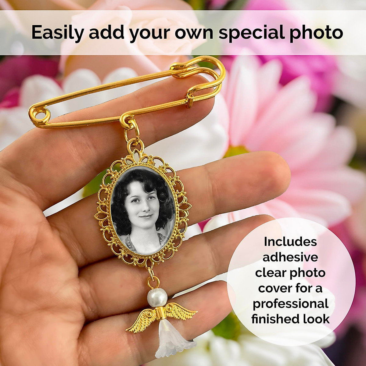 Gold Memorial Wedding Bouquet Photo Charm Pin with Angel Charm for Bride's Flowers on Wedding Day