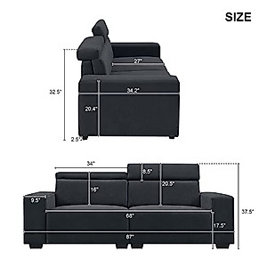 BIADNBZ 87" Velvet Loveseat Sofa with Multi-Angle Adjustable Headrest, Extra Wide Sectional Couch w/Armrest for Living Room Studios, Black
