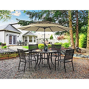 PHI VILLA 5 Pieces Patio Dining Set for 4 with 10ft Patio Umbrella, Metal Patio Circle Table Outdoor Stackable Wrought Iron Chair Set of 4 & 42" Large Round Dining Table,3 Tier Vented Beige Umbrella
