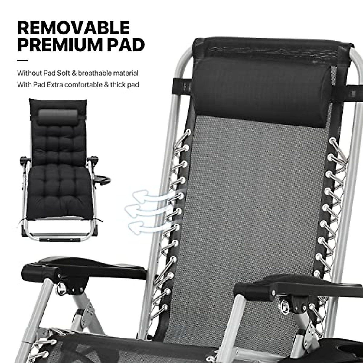 MoNiBloom Reinforced Zero Gravity Chair, Folding Pool Beach Lounger, Portable Tanning Chaise with Cushion, Headrest and Side Tray - Black