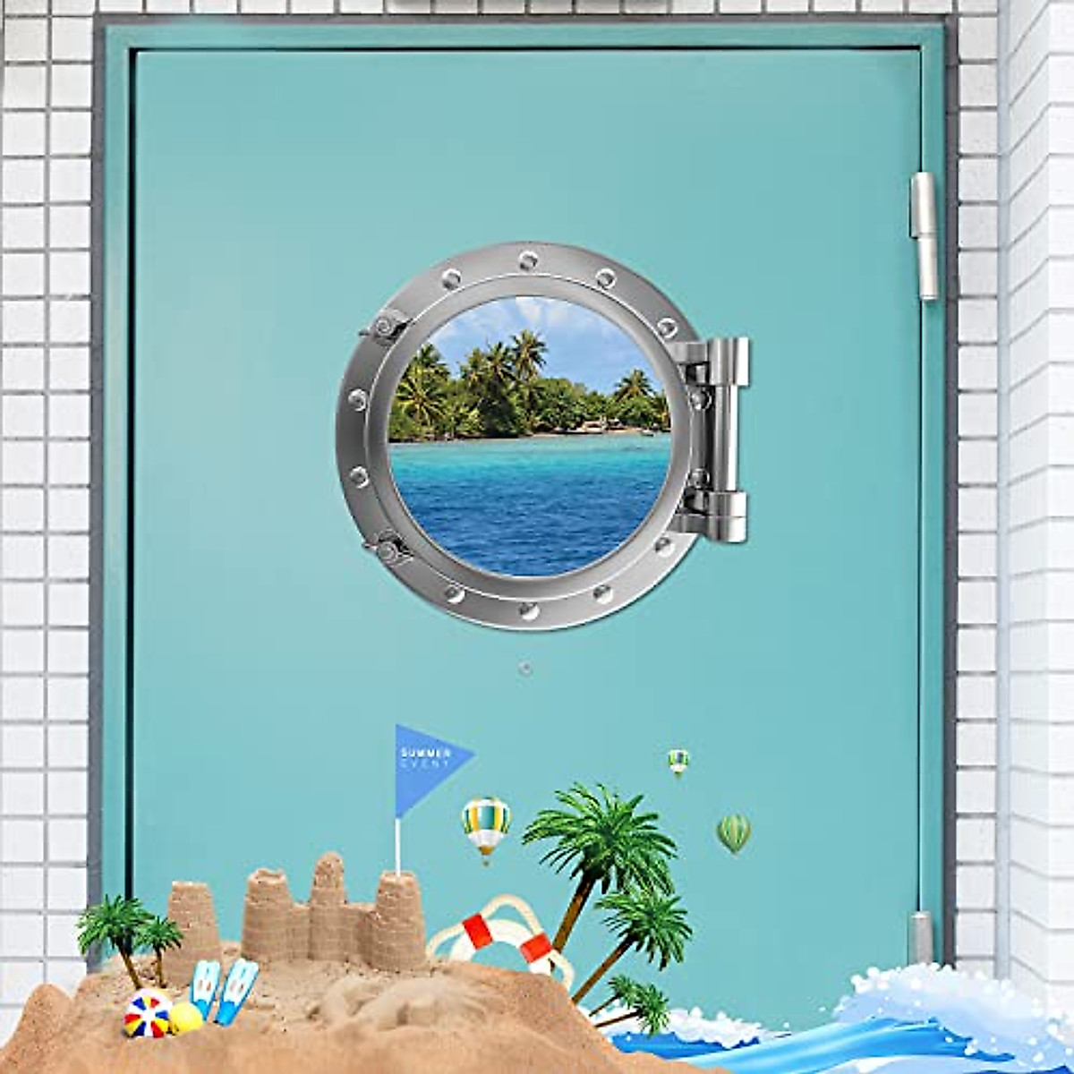 2 Pcs Cruise Door Decorations, Porthole Cruise Door Magnets 10 '' Set Palm Tree Cruise Dolphin Turtle The Sea Nature Scenery Fridge Decor for Carnival Cruise Car