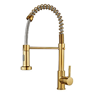 FVITA Polished Gold Kitchen Faucet with Pull Down Sprayer,Lead-Free Solid Brass 16.1'' Kitchen Sink Faucet Single Handle Spring Swan Neck Faucet High Arc Single Hole Faucet for Kitchen Sink