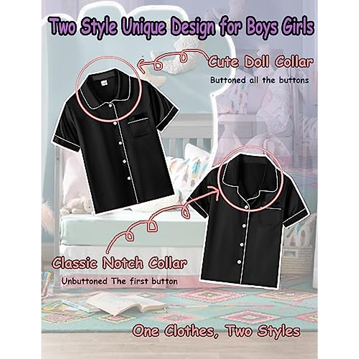 SWOMOG Kids Satin Pajama Set Size 6-7 Girls Boys Button Down Sleepwear Silk Pjs Set Short Sleeve 2 Pcs Summer Outfits Shorts Set Black