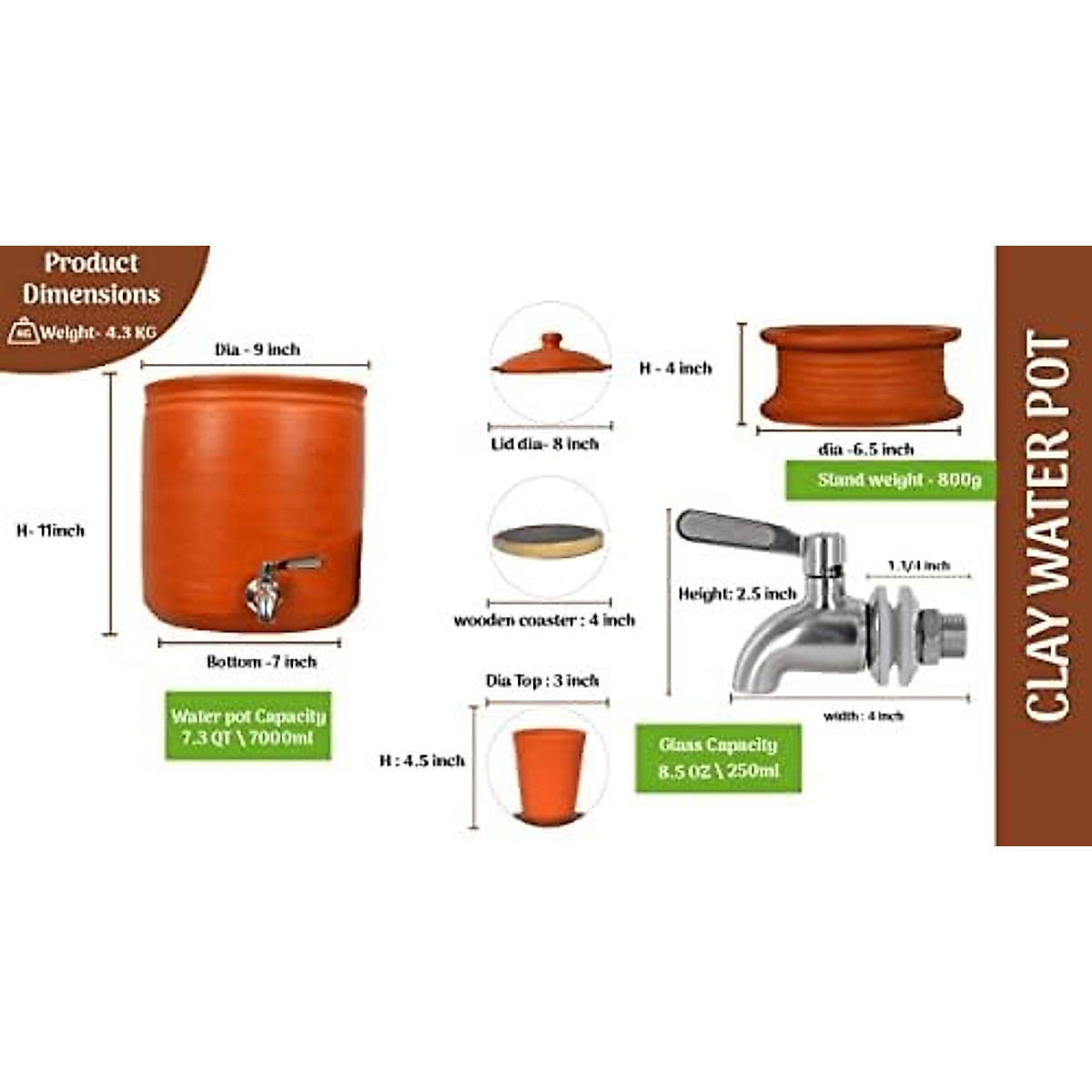 Village Decor Handmade Earthen Clay water pot | Water Dispenser Includes Clay Lid, Glass and Stand, Wooden Coaster and Stainless Steel Faucet. Capacity 7000 ml 236 oz.