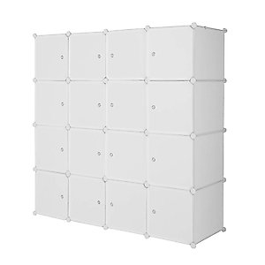 Maximize Home Organization with Stackable Modular Shelving Closet Organizer Plastic Storage Cubes with Hanging Rod and Wardrobe Cabinet - White Doors