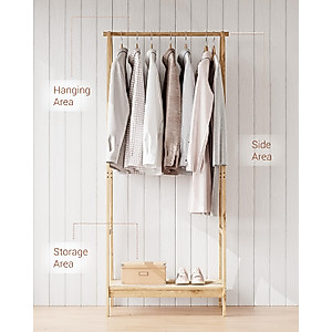 Bamboo Clothes Rack, Freestanding Clothing Rack with Storage Shelf and Hanging Rod, Easy Assemble, Portable Clothes Rack, Wooden Space-Saving Garment Rack Organizer for Entryway, Bedroom, Living Room