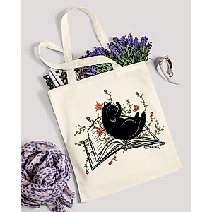 AUSVKAI Cute Book Canvas Tote Bag Aesthetic For Women Grocery Bag Cotton Beach Totes Gift-Black Cat Book