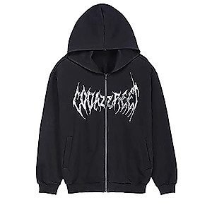 MISSACTIVER Women’s Casual Graphic Printed Hoodies Oversized Zip Up 90S E-Girl Streetwear Grunge Jacket Black