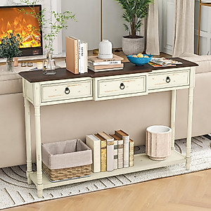 Giantex Console Table with 3 Storage Drawers - Entry Table, Rustic Farmhouse Entryway Table with Open Storage Shelf, Solid Wood Legs, Long Sofa Table for Living Room, Hallway, Narrow Console Table