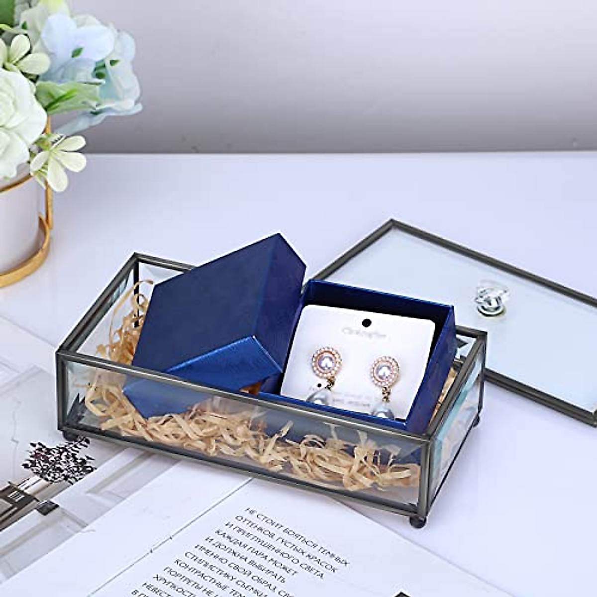 JUXYES Clear Glass Jewelry Box With Lid, Beveled Glass Keepsake Box Transparent Jewelry Organizer Box Modern Thickened Glass Vanity Decorative Box Personalized Countertop Trinket Box Organizer
