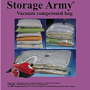 Storage Army [Pack of 8 Mix Super Size Storage Bags Jumbo, Gigantic, Jumbo Hanging & XXL Sealed Compressed Vacuum Bag Home Space Organizer Travel Storage Saver Protects from Water Odor, Dust, Insects