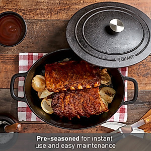 BBQ by MasterPRO - 7 Qt Pre Seasoned Cast Iron Oval Dutch Oven with Self Basting Lid and Stainless Steel Handle, 7 Quarts, Black