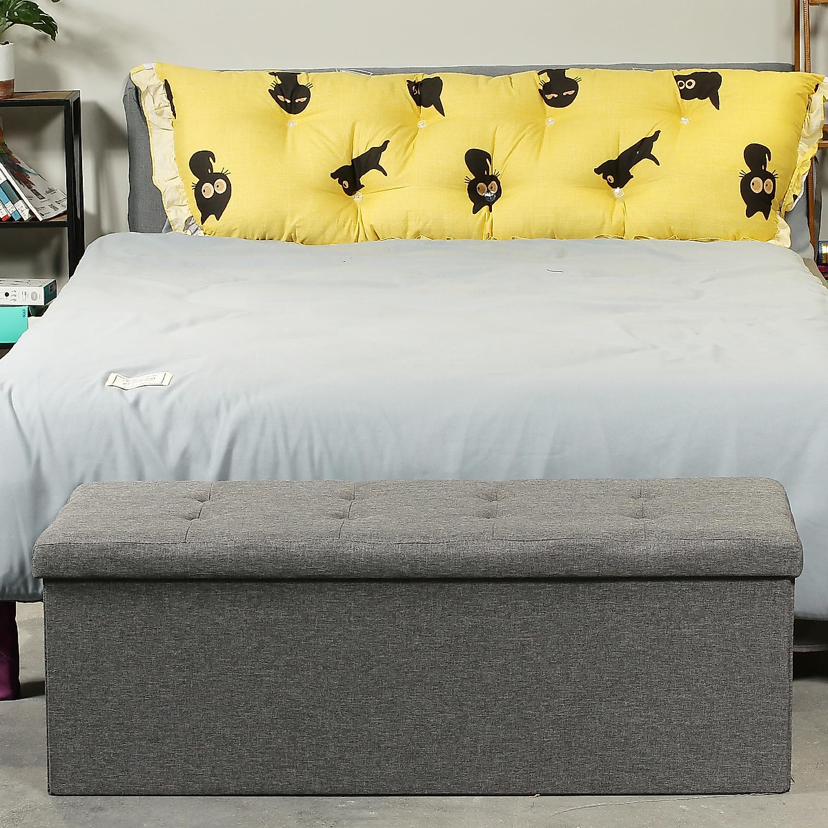 PINPLUS Folding Storage Ottoman Bench, Grey Linen Long Storage Chest Foot Rest Stool with Padded Seat, Toy Chest with Tray, Bedroom Bench with Storage, 43.3inches