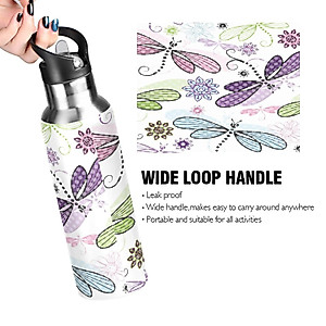 Bulletgxll Water Bottle with Straw Lid 34oz Beautiful Colorful Dragonfly Reusable Vacuum Insulated Stainless Steel water bottles, Leak Proof, BPA-Free.
