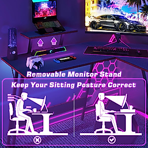 GUNJI 51” Gaming Desk L-Shaped Computer Corner Desk Modern PC Game Table with Monitor Stand for Home Office Sturdy Writing Workstation (Black)