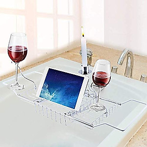 Bath Tray for Tub, Adjustable Bathtub Caddy Tray with Extending Side, Metal Bathtub Shelf Expandable Storage Rack Organizer with Wine Glass and Phone Holder for Home Bathroom Luxury Bathing, Silver
