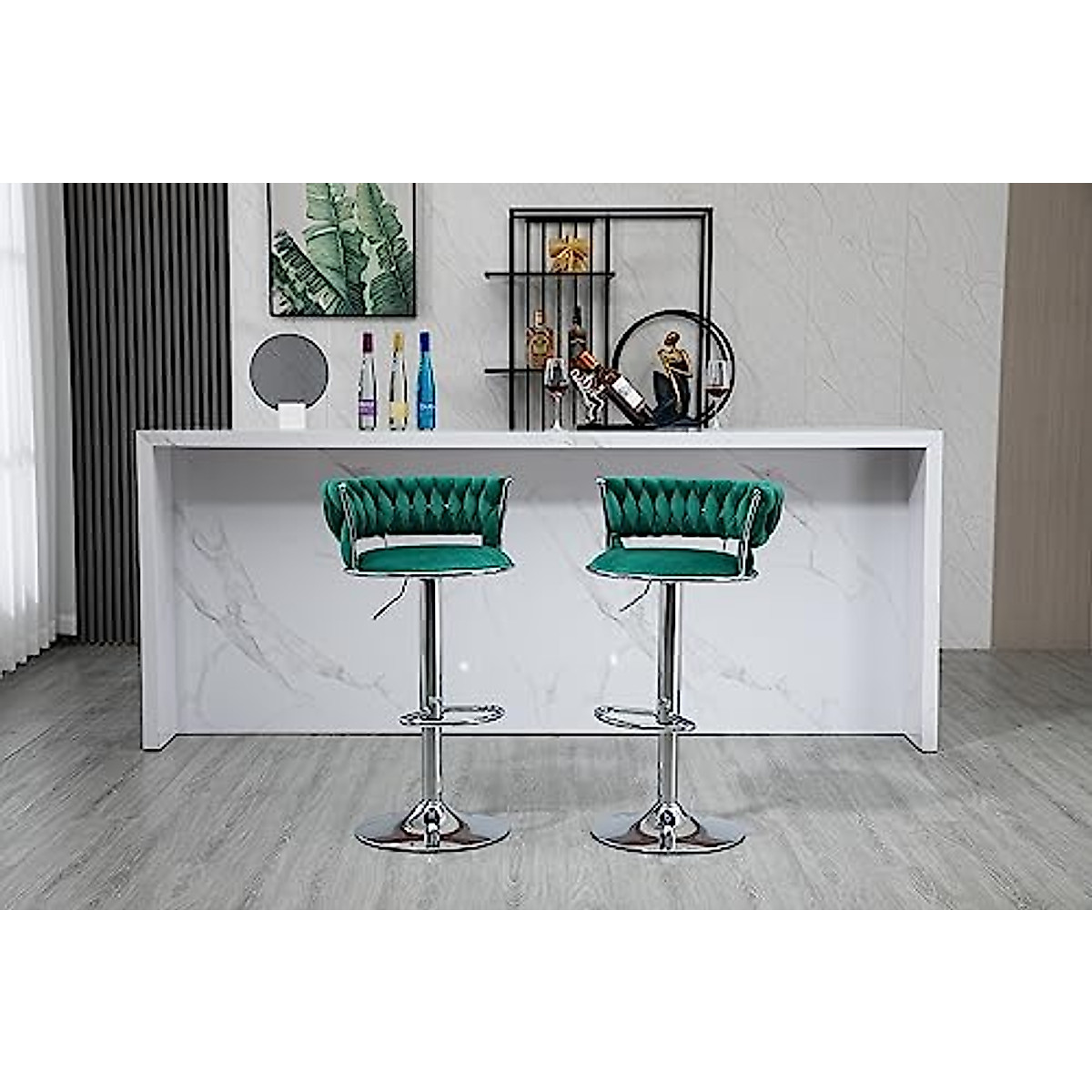 Kakotito 360° Velvet Swivel Bar Stools with Low Back & Footrest, Adjustable Counter Barstools, Silver Bar Stool (Set of 2 - Silver Version, Emerald)