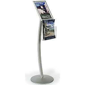 Sign Stand with Aluminum Snap Open Picture Frame and Clear Acrylic Brochure Holder for 8.5x11 Magazine, Free Standing Poster Display Holder - Aluminum and Steel, Silver