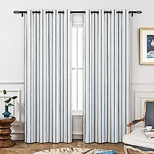 DriftAway Farmhouse Linen Blend Blackout Curtains 84 Inches Long for Bedroom Vertical Striped Printed Linen Curtains Thermal Insulated Grommet Lined Treatments for Living Room 2 Panels W52 x L84 Navy