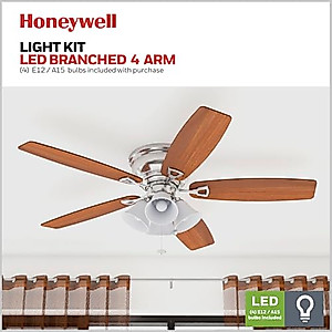 Honeywell Ceiling Fans Glen Alden, 52 Inch Classic Flush Mount Indoor LED Ceiling Fan with Light, Pull Chain, Quick-2-Hang Dual Finish Blades, Reversible Motor - 50182 (Brushed Nickel)