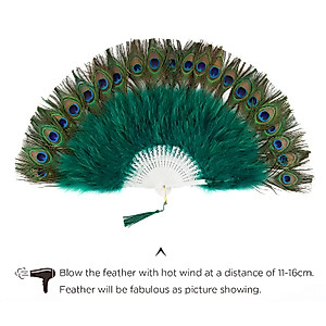 BABEYOND Roaring 20s Vintage Style Peacock & Black Marabou Feather Fan Flapper Accessories for Costume Halloween Dancing Party Tea Party Variety Show (Dark Green-White Rib)