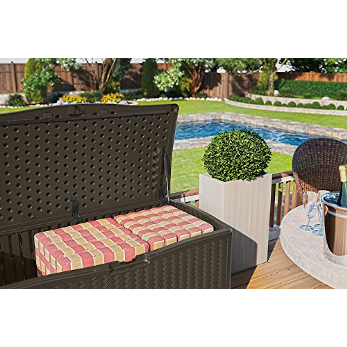 Suncast 124 Gallon Resin Extra Large Deck Storage Cabinet, Mocha Herringbone