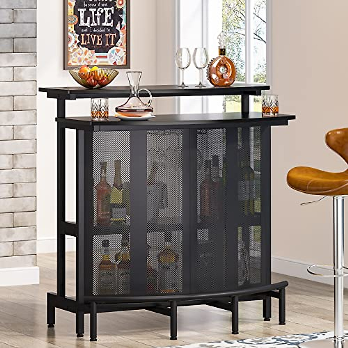 Tribesigns Home Bar Unit, 4 Tier Liquor Bar Table with Storage and Footrest, Modern Wine Bar Cabinet Mini Bar for Home Kitchen Pub, Black