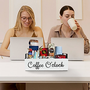 QUALLON Coffee Station Organizer with Small Removable Dividers, Wooden Coffee Bar Accessories Storage For Countertop, Farmhouse Kcup Coffee Pod Holder Basket With Handle For Coffee Lover - white