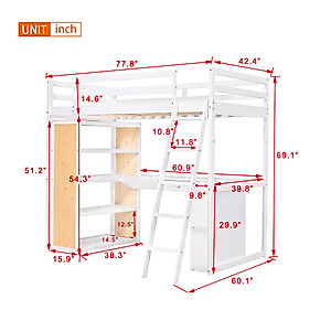 Bellemave Twin Loft Bed with Desk and 6 Storage Shelves, Wood Loft Beds Frame with Bookcase and Writing Board, Modern High Loft Bed for Kids Boys Girls Teens, Twin Size, White