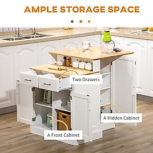 HOMCOM Kitchen Island with Storage Cabinet and 2-Level Rubber Wood Tabletop, Island Table with Adjustable Shelves and Drawers, White