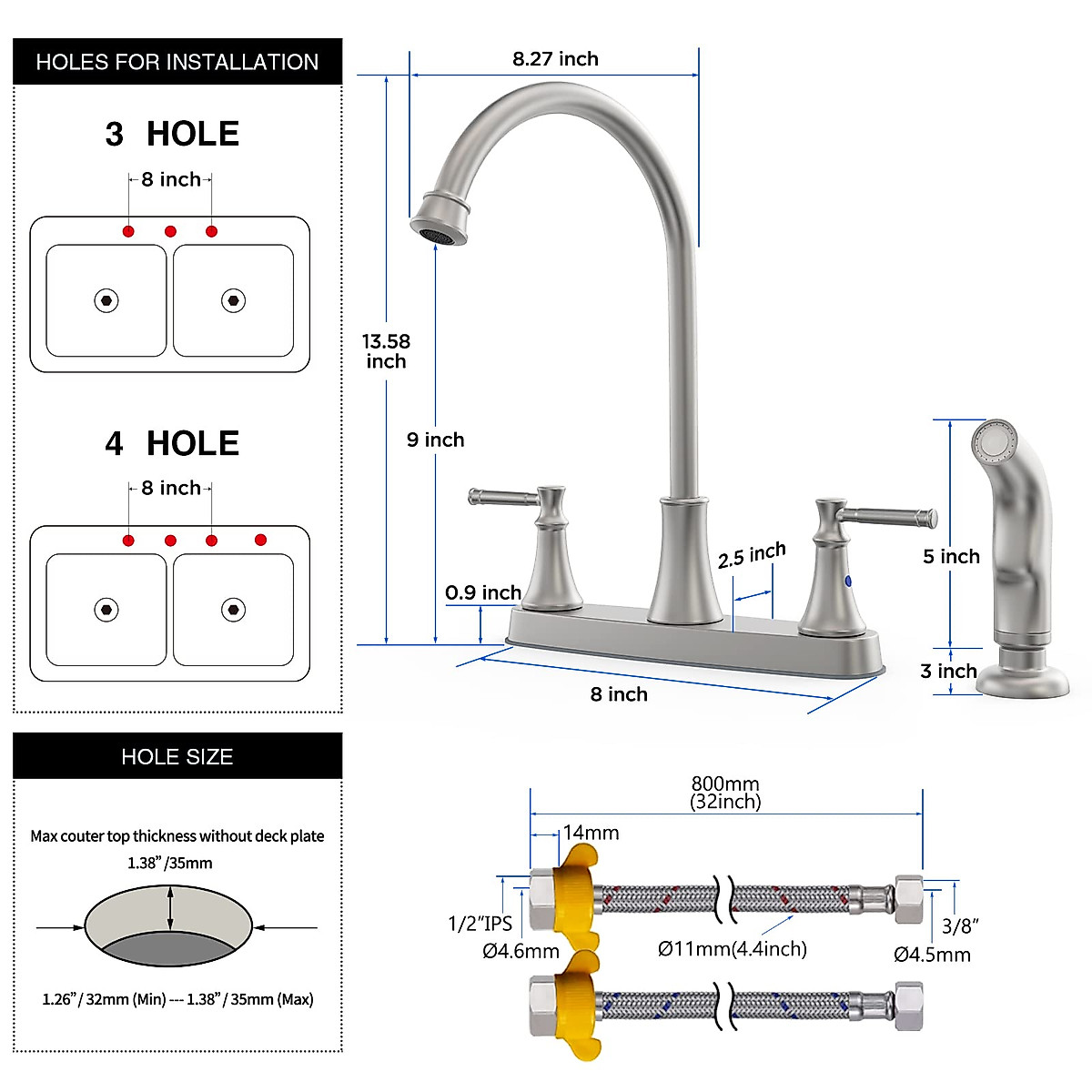 GOWIN Brushed Nickel Kitchen Faucet with Side Sprayer, 2-Handle High Arc 3 or 4 Holes 8 Inch Centerset Kitchen Sink Faucet for Rv Camper Sinks,Stainless Steel Farmhouse Faucet