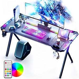 Dowinx Gaming Desk with LED Lights, RGB Gaming Computer Table with Carbon Fibre Surface, LED Home Office Desk with Remote Control, Pc Workstation with Cup Holder and Headphone Hook, Black