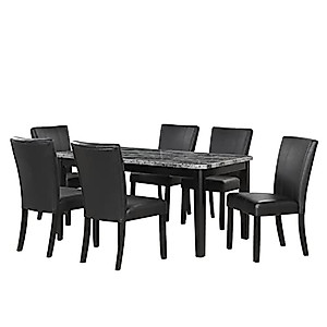 DHHU Furniture, 7-Piece Dining 1 Faux Marble Top Upholstered-Seats, Kitchen Table Set for 6, Black
