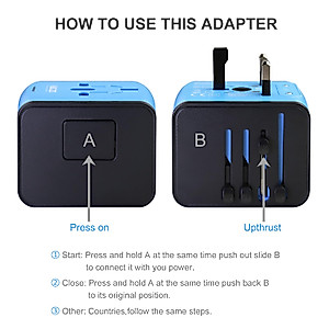 Travel Adapter, HAOZI Universal Travel Adapter - 3 USB + 1 Type C in One Travel Charger with UK/US/AUS/EU Plugs and Socket, International Power Adapter Wall Charger (Type-c Blue)