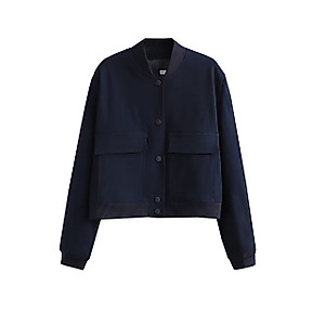 Megfie Womens Cropped Bomber Jacket Button Down Varsity Jackets Shackets With Pockets(0394-DarkBlue-M)